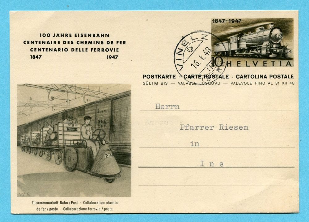 Postkarte von Vinelz nach Ins 1948 - 100 Jahre Eisenbahn | Kaufen auf Ricardo
