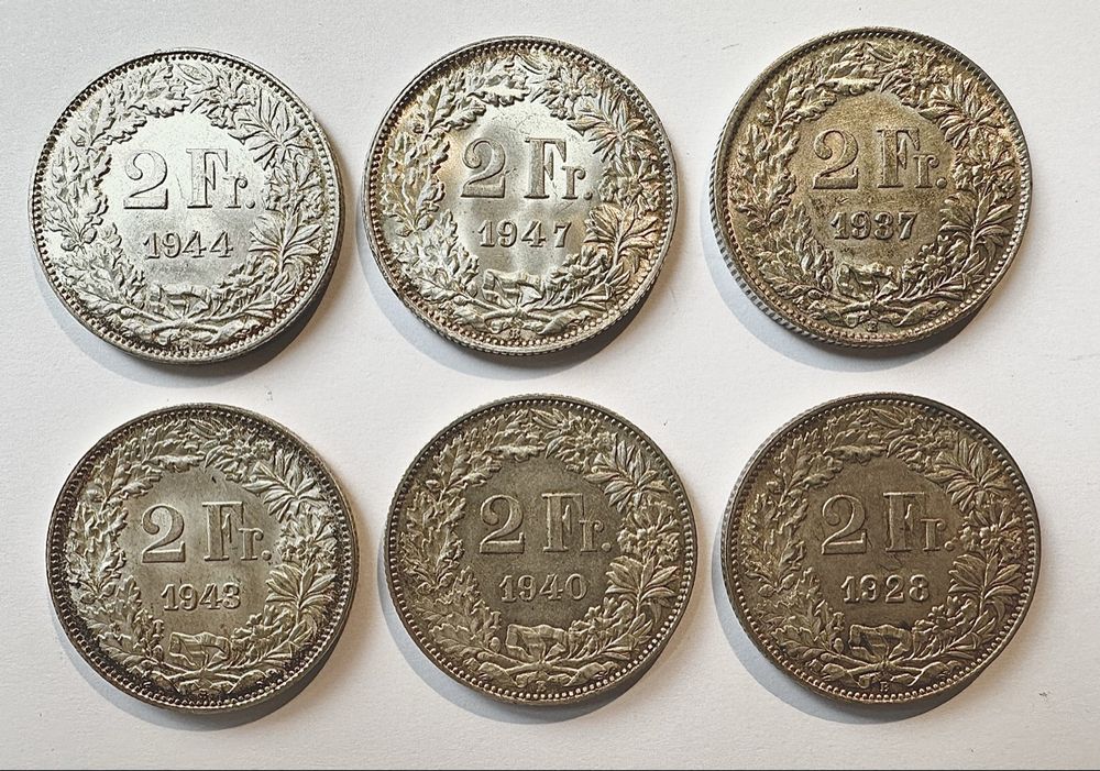 6 Silbermünzen 2 Franken Schweiz, 1928-1947 Schweiz (Gebraucht) in St. Gallen für CHF 38 – mit ...