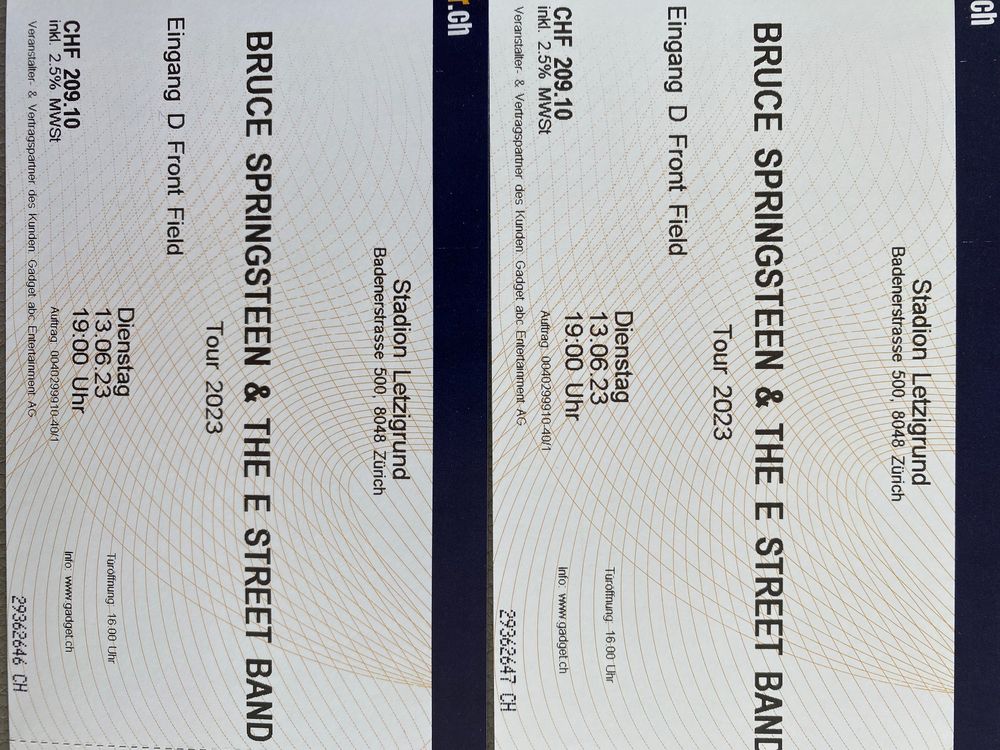 2 Tickets Bruce Springsteen - Zürich - Front Field (Neu (gemäss ...