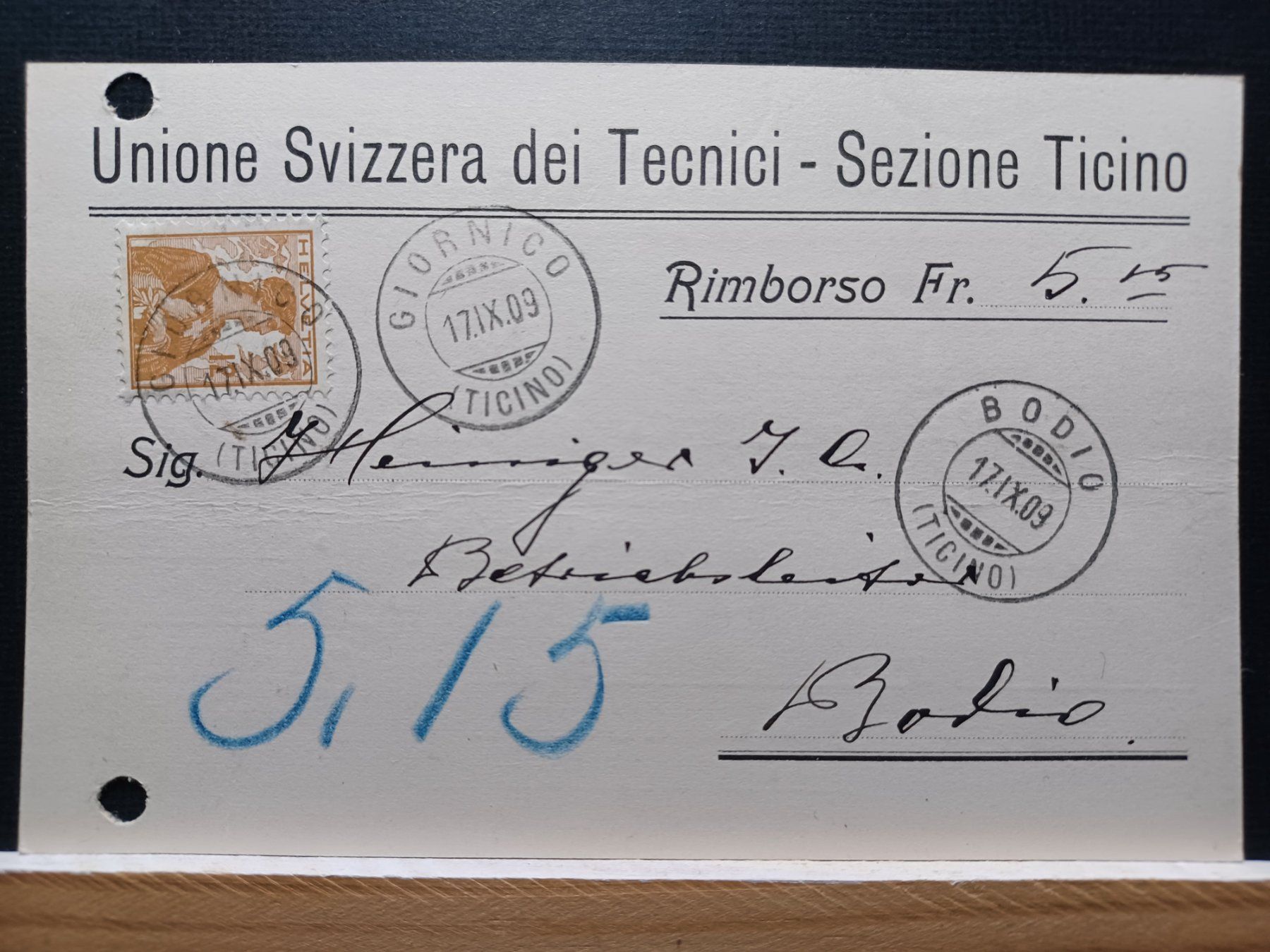 17.IX.09 Quittung, Stempel Ciornico, Bodio, TI (Gebraucht) in Aarau ...