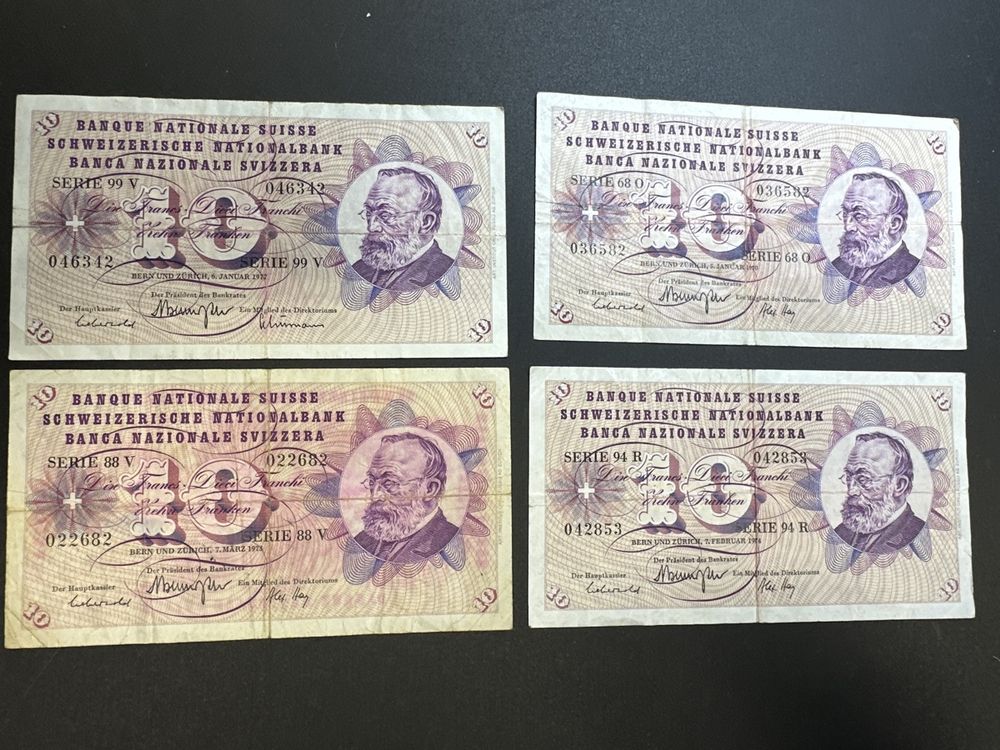 4x 10 Fr.-Noten Schweiz 1977,1970,1973,1974 (Gebraucht) in Herisau für ...
