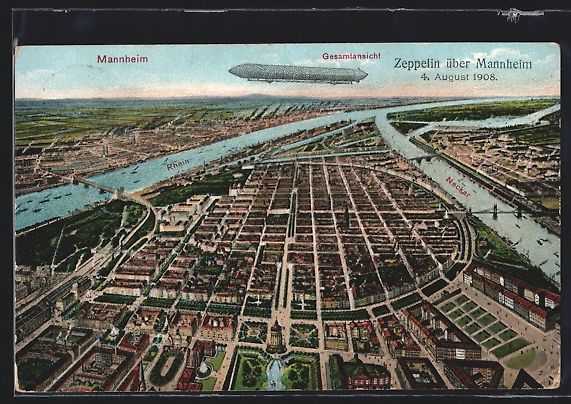Mannheim, Gesamtansicht mit einem Zeppel | Kaufen auf Ricardo