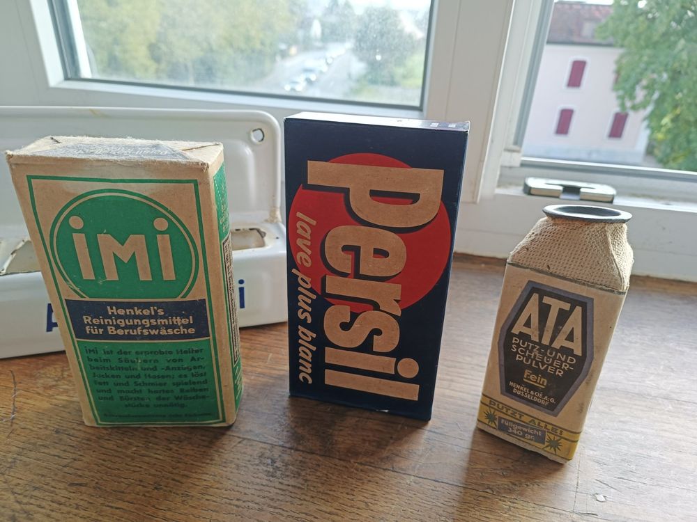 Emaille Werbe Ständer mit Waschmittel / Persil, IMI, ATA (Gebraucht) in ...