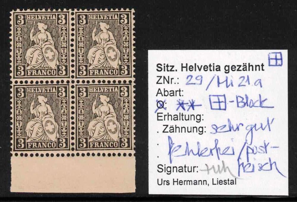 1862 Helvetia Nr.29 schwarz im 4er-Block **, Befund Hermann | Kaufen auf Ricardo