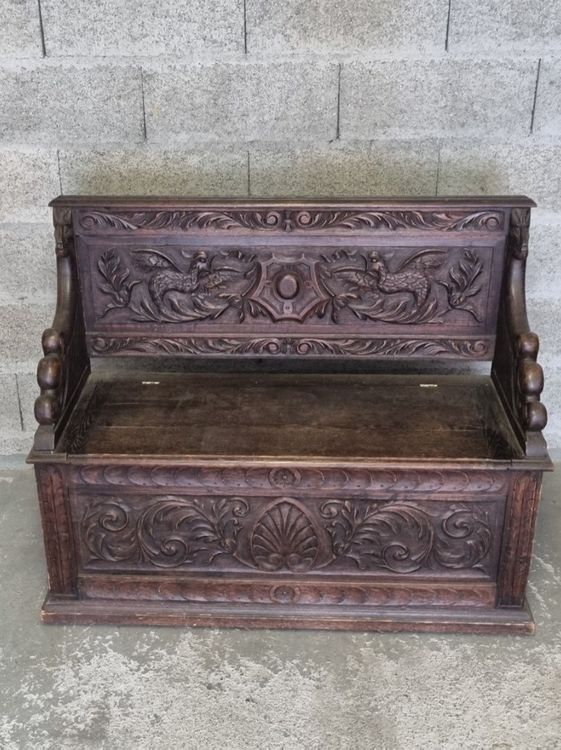 Banc coffre ancien sculpté en chêne massif | Kaufen auf Ricardo