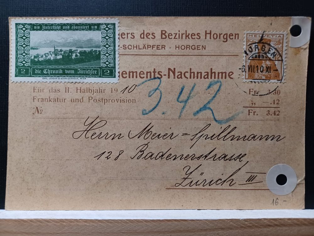 Nachnahme , 1910, mit Vignette, Chronik vom Zürichsee (Gebraucht) in Aarau Rohr für CHF 7 – mit ...