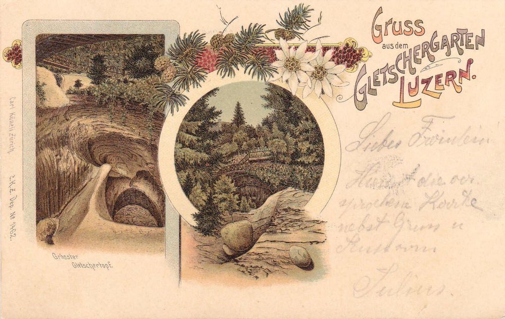 1900, "Gruss aus dem Gletschergarten Luzern", farbige Litho (Gebraucht) in Wenslingen für CHF 5 ...