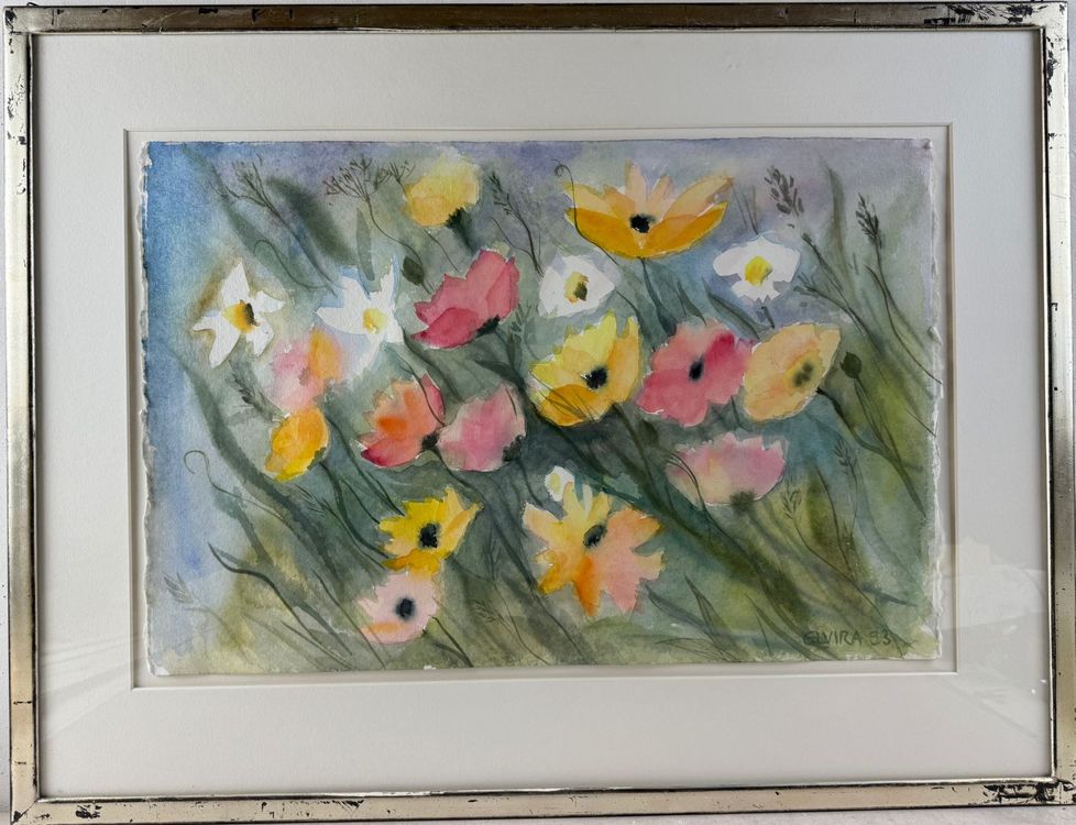 Blumen Aquarell Gemälde, signiert Elvira '93, gerahmt | Kaufen auf Ricardo