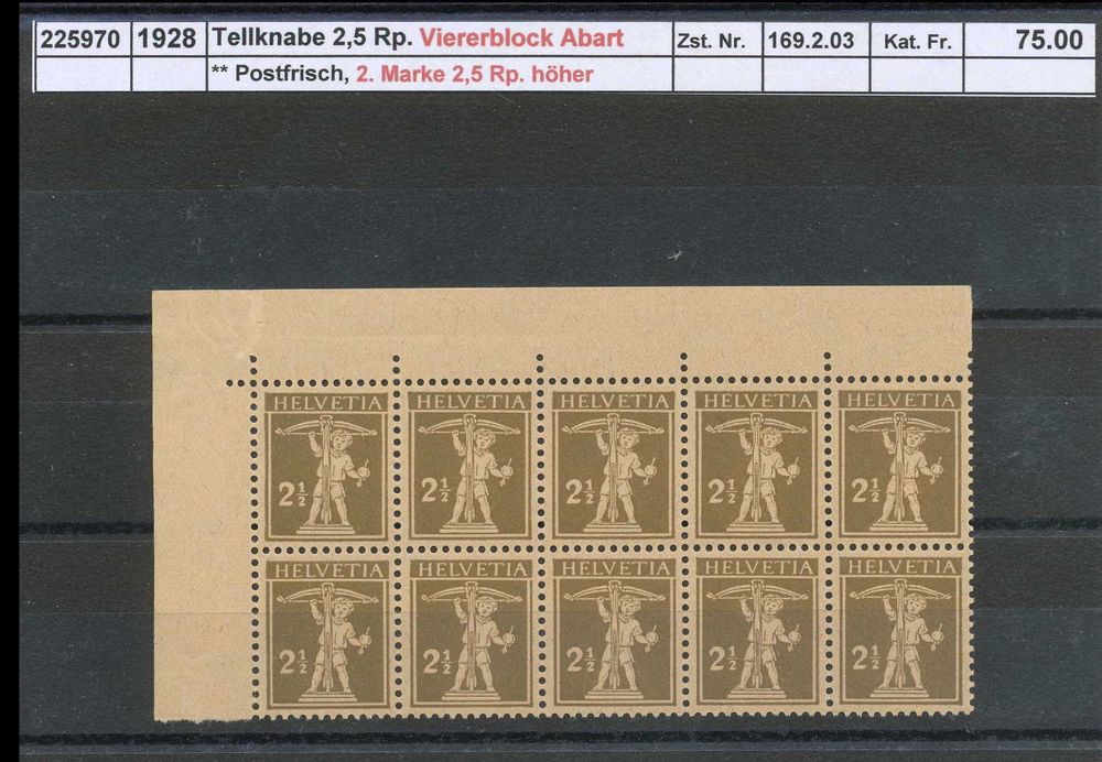 1928 Tellknabe mit Armbrust - 2,5 Rp., Abart, 10er Streifen | Kaufen auf Ricardo