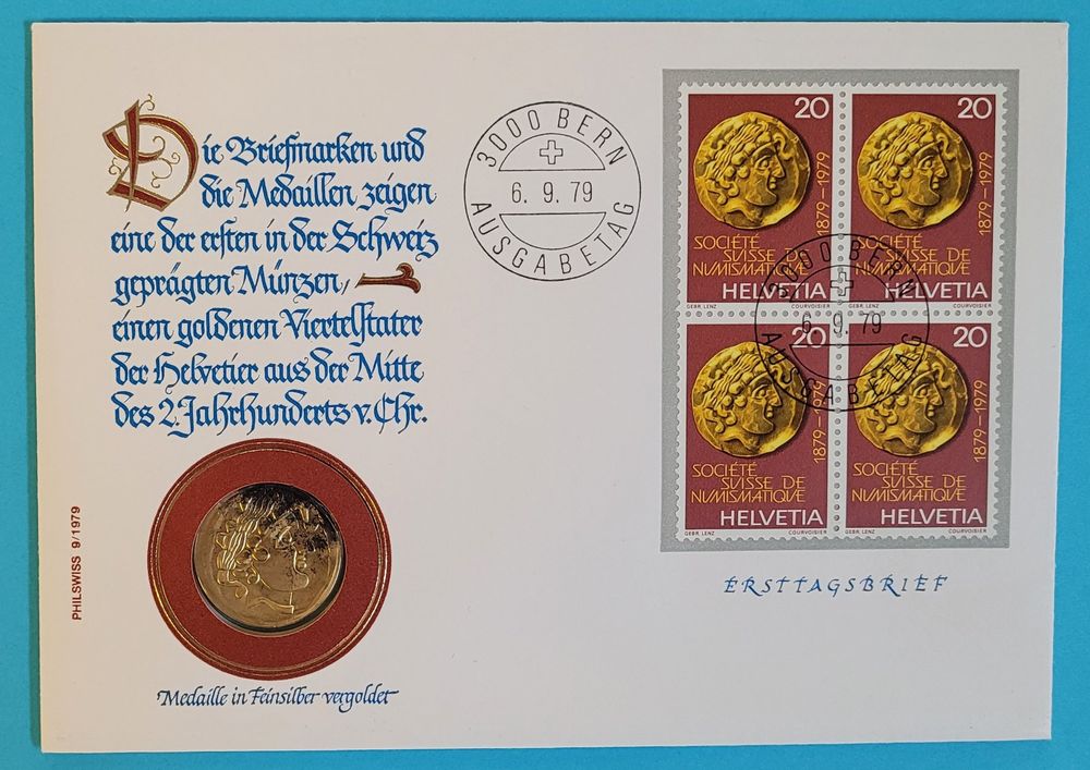 Münzbrief NUMISMATICA 1979 Silber 999 vergoldet (Gebraucht) in Oberriet SG für CHF 9 – mit ...