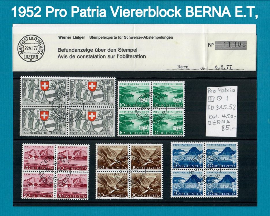 1952 Pro Patria Vierblock E.T. Stempel BERNA Kat. 450.- | Kaufen auf Ricardo