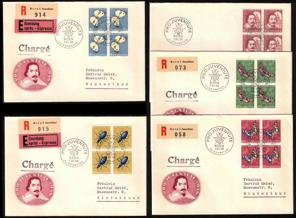Pro Juventute 1956 Viererblocks mit ET-ʘ auf 5 FDC's (Neu (gemäss Beschreibung)) in Nuglar für ...