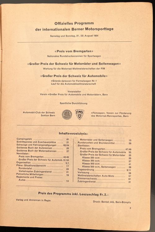 Programmheft Grand Prix Bern 1954 (Gebraucht) in Thun für CHF 35 – mit ...