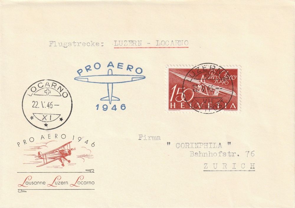 Pro Aero 1946, Etappe Luzern-Locarno, mit Vollstempel (Gebraucht) in Turgi für CHF 10 – mit ...