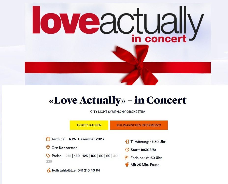«Love Actually» ? in Concert, KKL Luzern, 26.12.2023 | Kaufen auf Ricardo