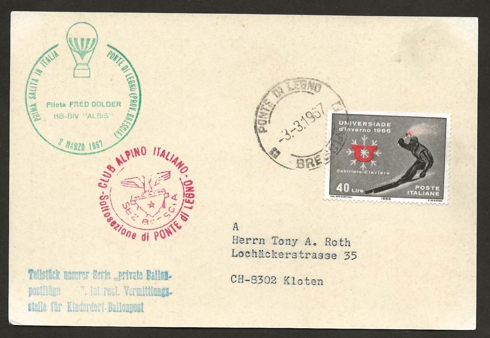 Ballon "ALBIS" Italien Schweiz 1967 Luftpost (Gebraucht) in Au ZH für CHF 3 – mit Lieferung auf ...