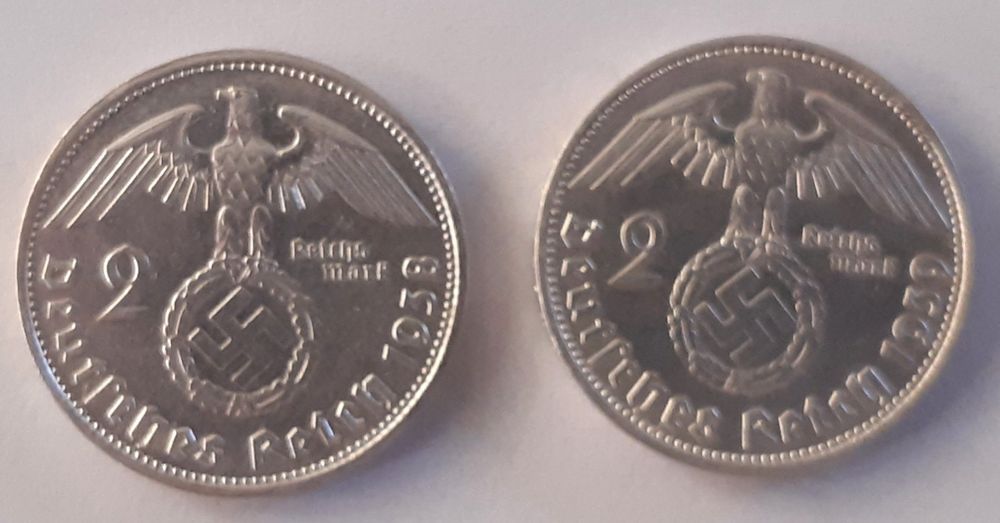 Deutsches Reich - 2 Silbermünzen - 2 Reichsmark 1938 +1939 (Gebraucht) in Ebikon für CHF 16 ...