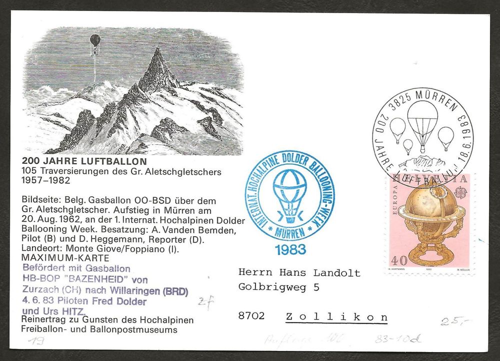 Ballon Schweiz 1983 Mürren Naters Luftpost (Gebraucht) in Au ZH für CHF 1 – mit Lieferung auf ...