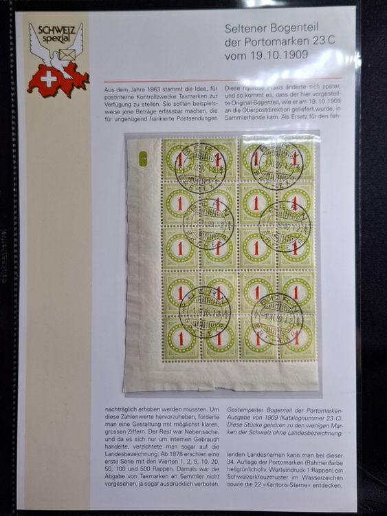 Schweiz Spezial - seltener Bogenteil Portomarken 23C / 641 (Gebraucht) in Rümlang für CHF 29 ...