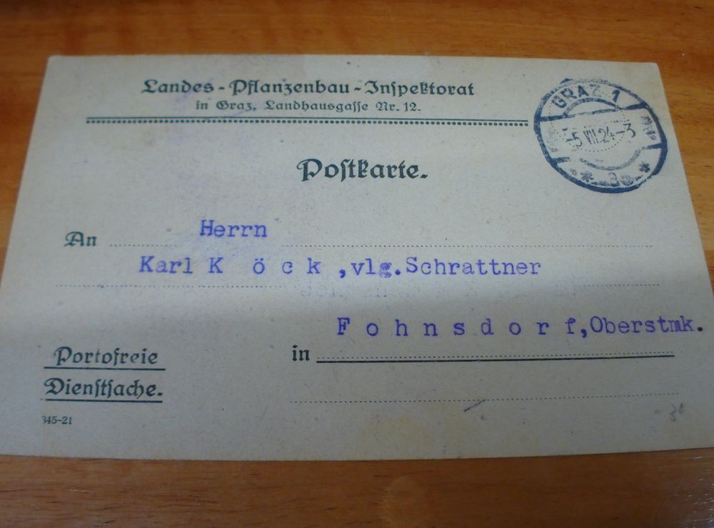 Karte Dienstsache 1924, o Graz, Pflanzenbauinspektorat (Gebraucht) in ...
