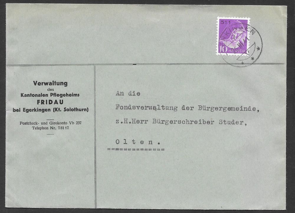 Egerkingen illustrierter Brief Fridau mit 15Ay 26.3.1941 (Gebraucht) in Olten für CHF 25 – nur ...