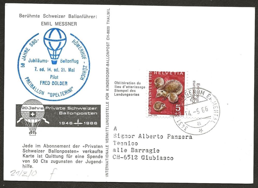 Ballon Schweiz 1966 Zürich Schwanden Luftpost (Gebraucht) in Au ZH für CHF 0.5 – mit Lieferung ...