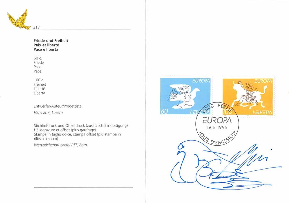 ORIGINAL SIGNATUR die Taube von HANS ERNI - selten - rare (Gebraucht ...