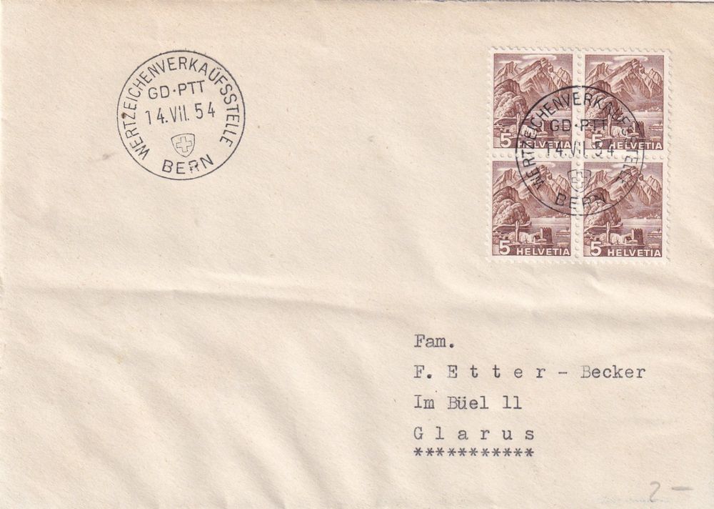 Viererblock Nr.285 auf Brief von BERN nach Glarus.1954 (Gebraucht) in ...