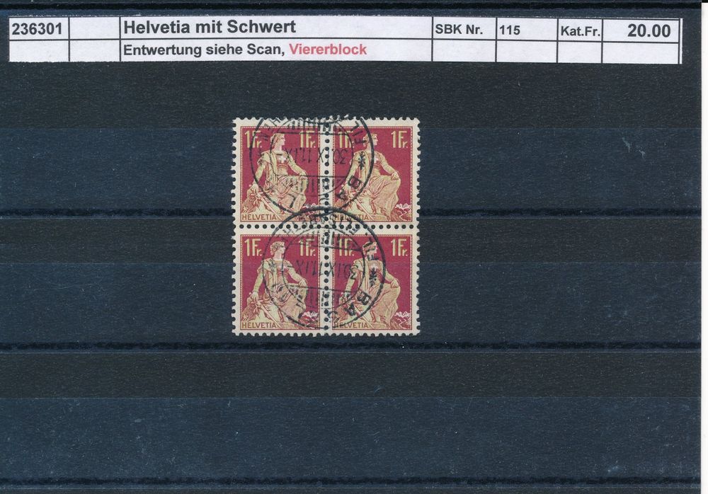 1908 Helvetia mit Schwert - 1.00 Fr., Viererblock (Gebraucht) in Winterthur für CHF 3 – mit ...
