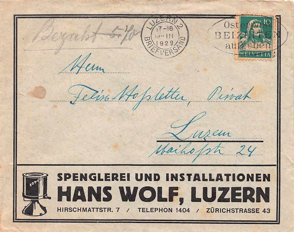 WERBEBRIEF von Hans WOLF LUZERN 1929, ab 1.-- (Gebraucht) in Lufingen ...