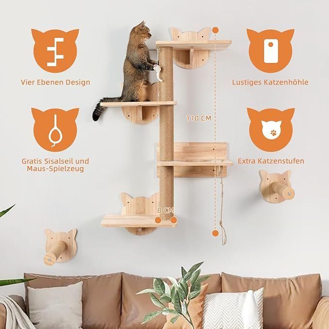 Kratzbaum aus Massivholz für Katzen für die Wand, 110cm hoch (Neu und ...