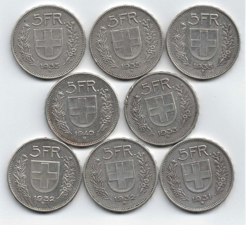 Schweiz, 8 Stk. 5 Fr. Silber | Kaufen auf Ricardo
