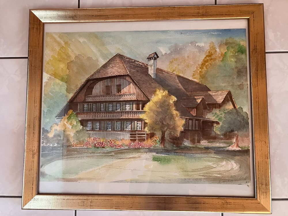 Aquarell Bauernhaus, signiert, 1983 gerahmt. "Schmid Ulrich" (Gebraucht) in Spiez für CHF 35 ...