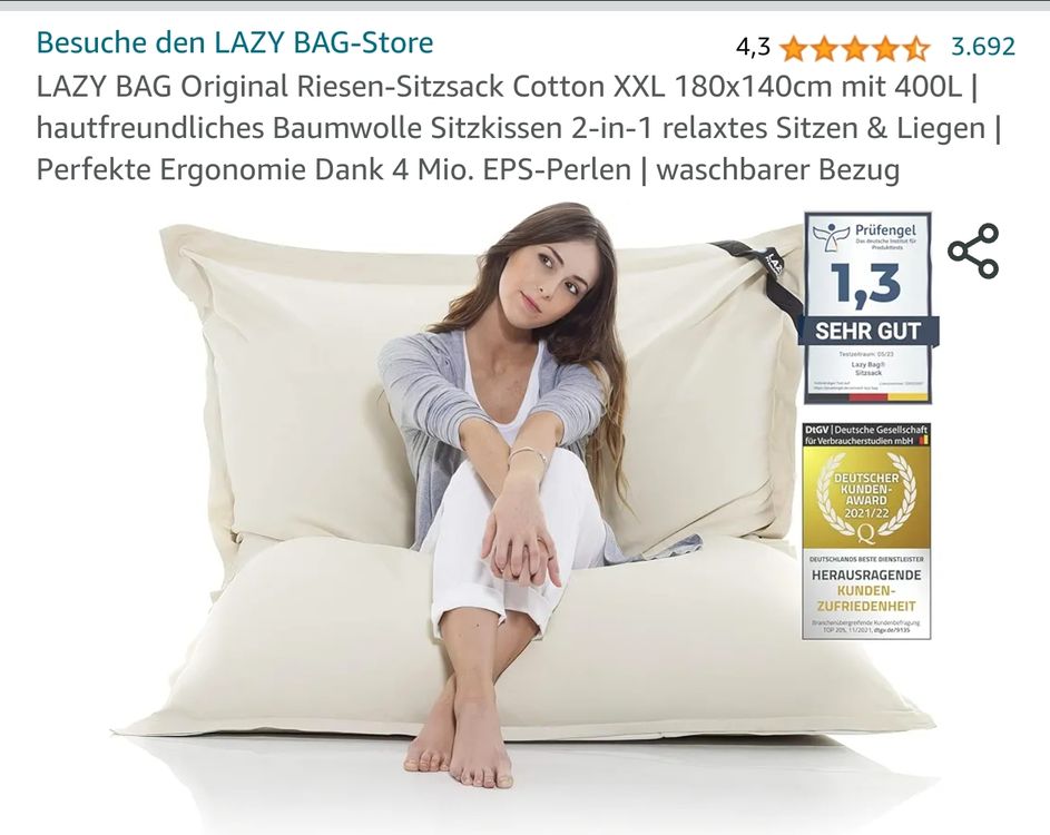 LAZY BAG Original Riesen-Sitzsack Cotton XXL (Neu (gemäss Beschreibung ...