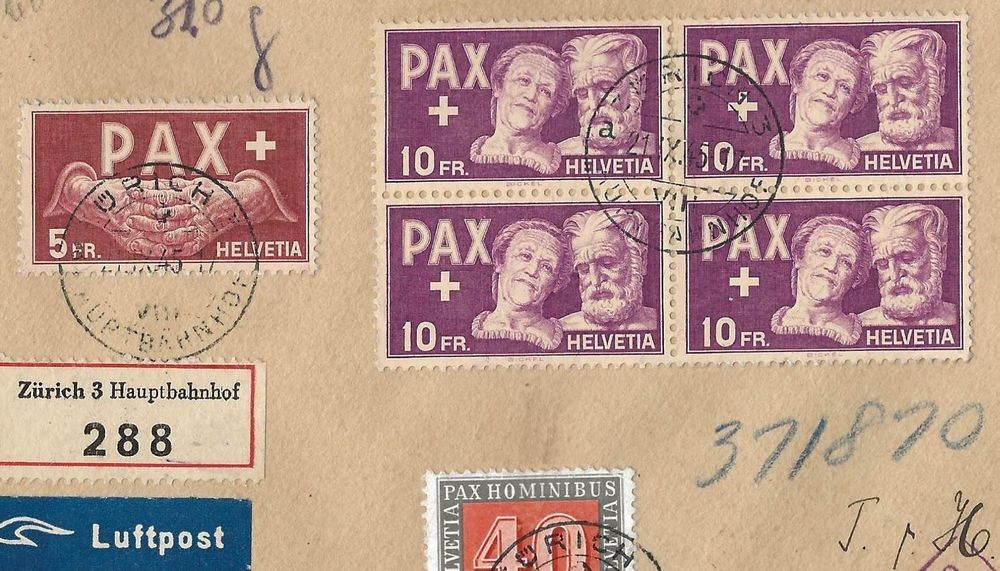 Flugpost Schweiz 1945 Viererblock nach USA PAX Luftpost (Gebraucht) in Au ZH für CHF 250 – mit ...