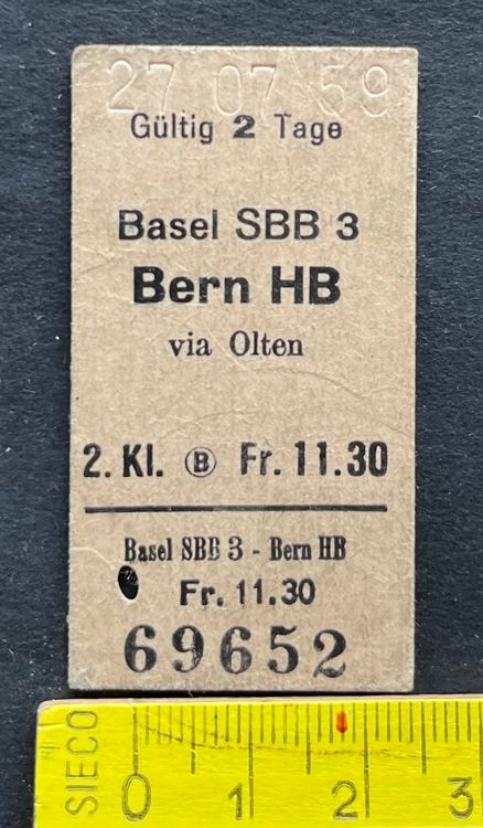 Billett Basel SBB 3 Bern HB via Olten 2. Klasse / 1959 (Gebraucht) in Wabern für CHF 3 – mit ...