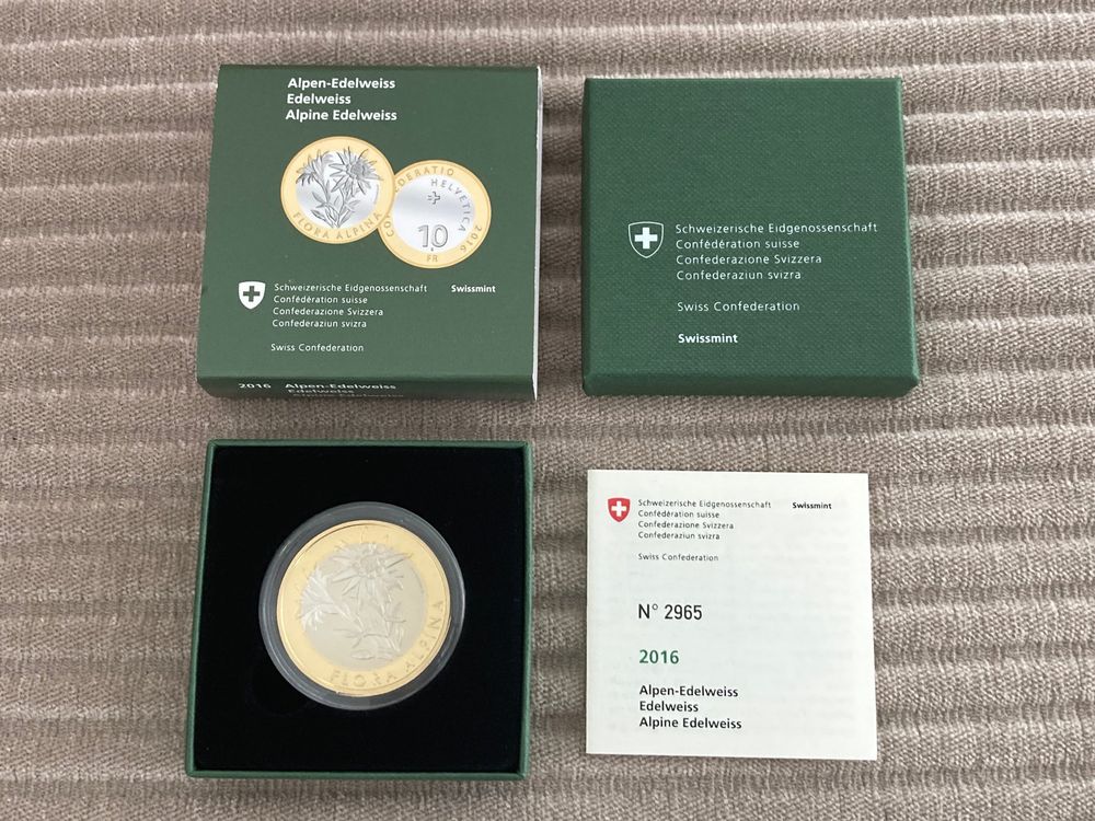 10.- Bimetall Münze Alpen-Edelweiss 2016 PP - Swissmint (Neu und originalverpackt) in Brütten ...