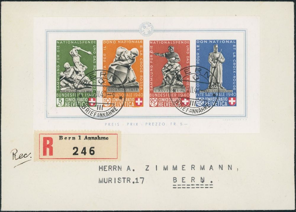 1940 - Pro Patria - Block - FDC ET (Gebraucht) in Schindellegi für CHF 2750 – mit Lieferung auf ...