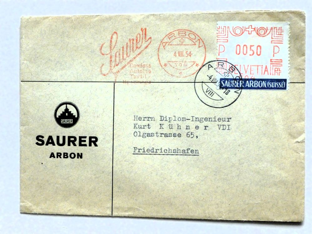 SAURER ARBON - Bedarfsbrief 1954 - Masch.Frankatur - nach DE (Gebraucht) in Uster für CHF 51.5 ...