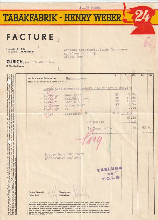 Rechnung Zürich 1941 Tabakfabrik Henry Weber (Gebraucht) in Rorschacherberg für CHF 4 – mit ...