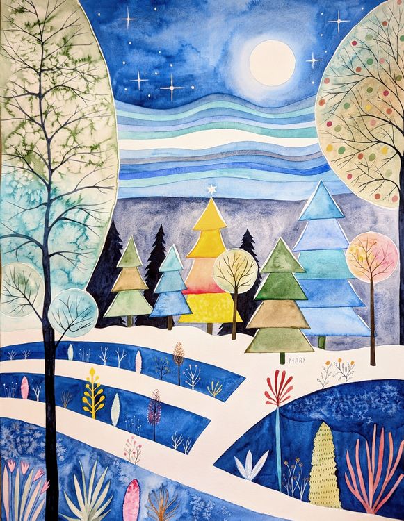 Original Aquarell Winter Wunderland naive Kunst gemalt (Neu und originalverpackt) in Wittenbach ...