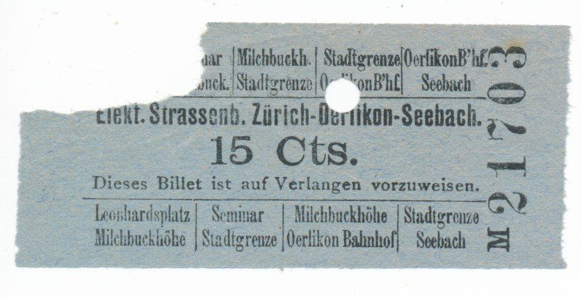 Eisenbahn Bahn Tram Billett Zürich Oerlikon Seebach ZOS 1905 | Kaufen auf Ricardo