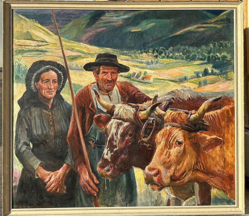 Raymond Louis Lecourt grosses Gemälde Walliser Paar & Stier | Kaufen ...