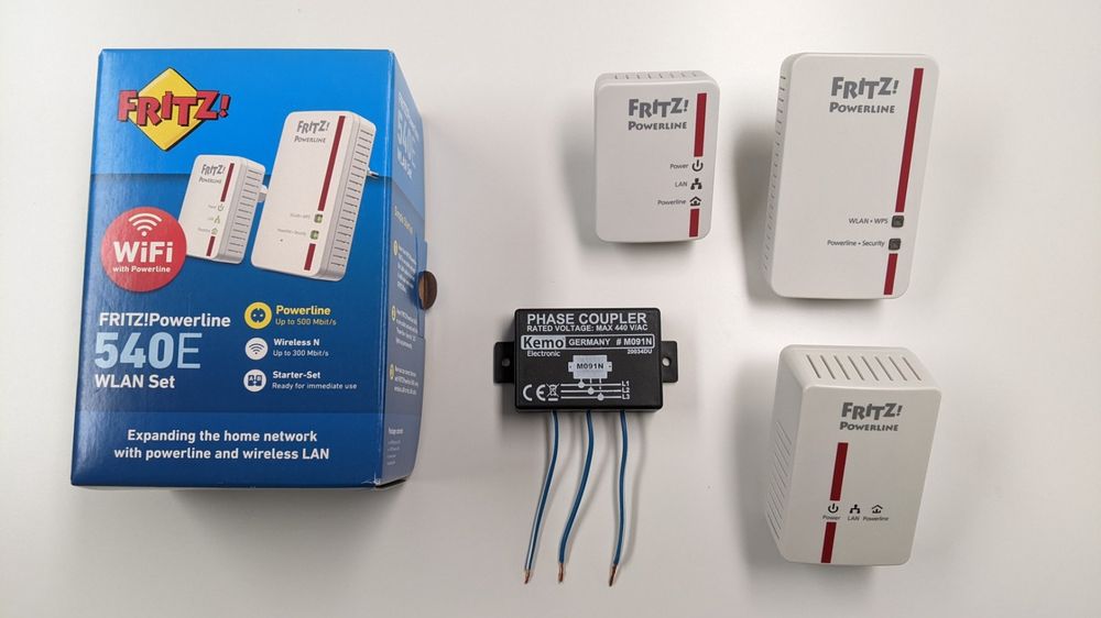 FRITZ!Powerline WLAN Set 540E, 510E, 500E plus Phasenkoppler (Gebraucht ...