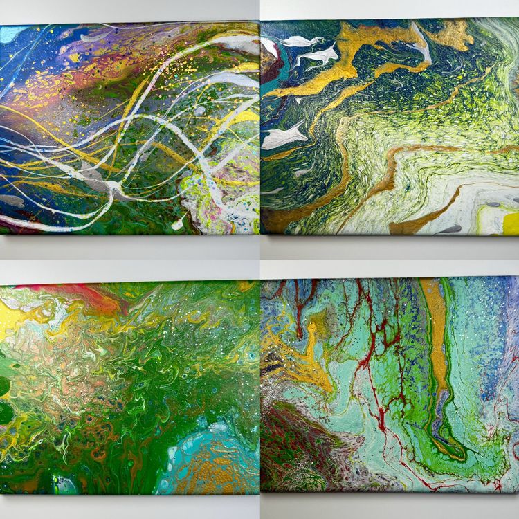 4er Set Fluid Painting Acryl Gemälde Gold Grün Unikate (Gebraucht) in Schlieren für CHF 25 – mit ...