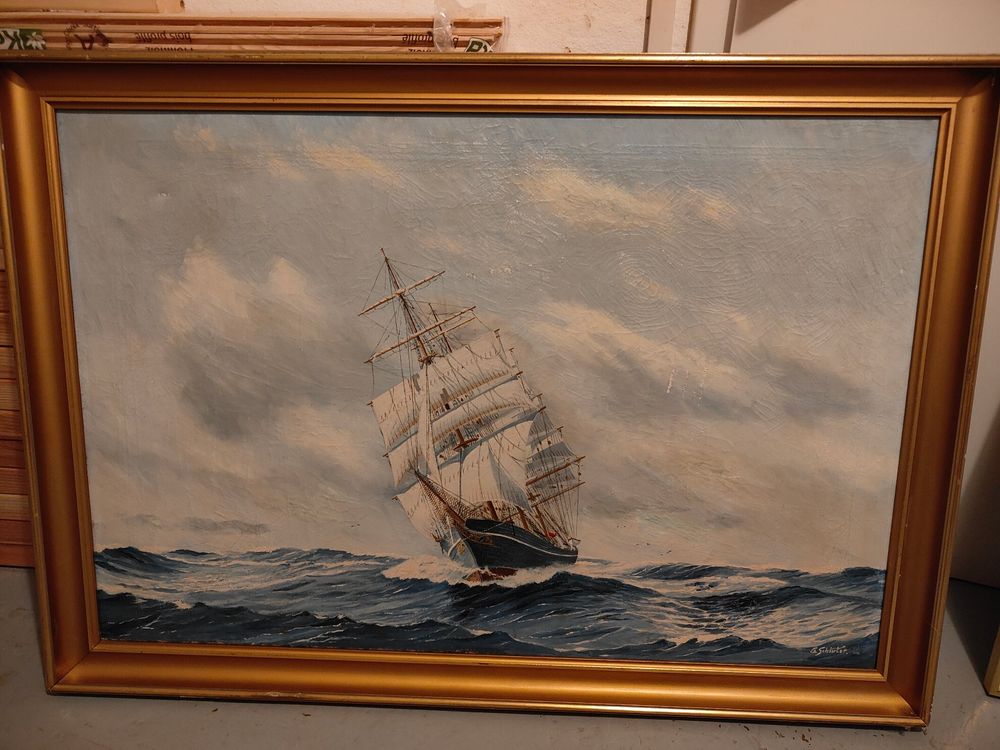 Gemälde: Segelschiff auf hoher See im goldenen Rahmen. (Gebraucht) in ...