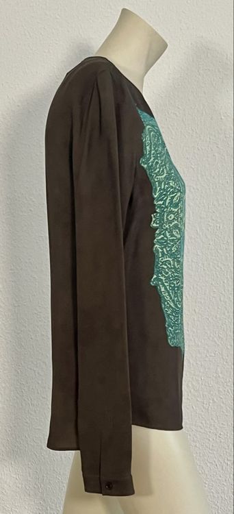 🍂 Akris Seiden Bluse Gr 34 braun mit hellgrünem Muster 🍂 (Gebraucht) in ...