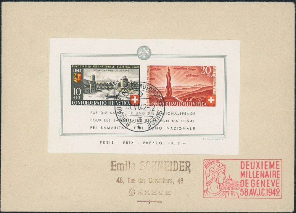 1942 - Pro Patria - Block - Ersttagsbrief FDC ET (Gebraucht) in Schindellegi für CHF 1100 – mit ...