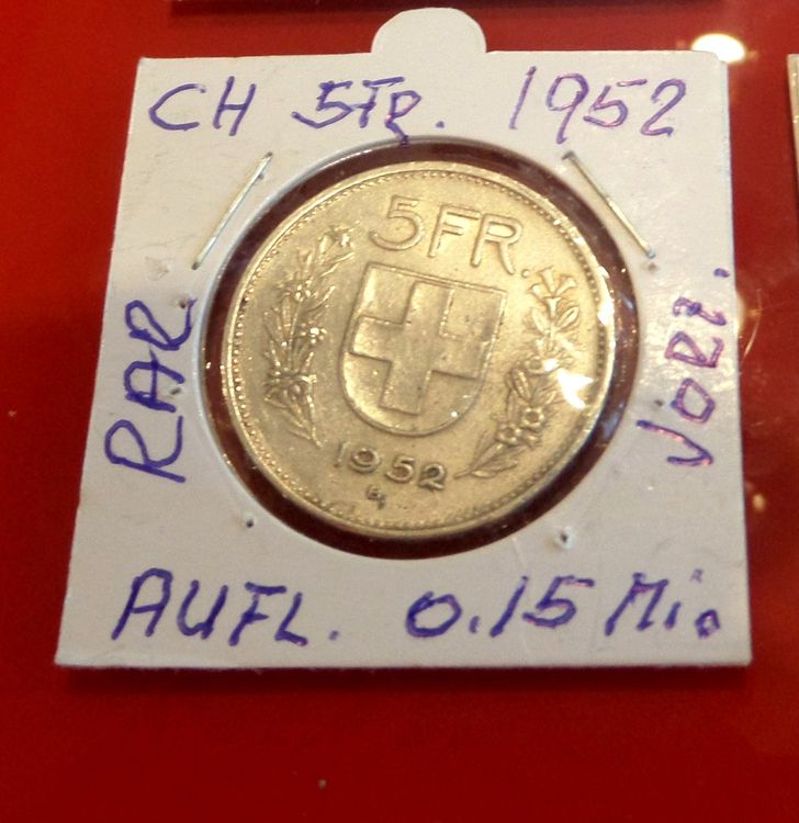 AUFL. Nur 0.15. Mio TOP Schweizer 5 Fr 1952 vorz-fast unz. (Gebraucht) in Glis für CHF 20 – mit ...