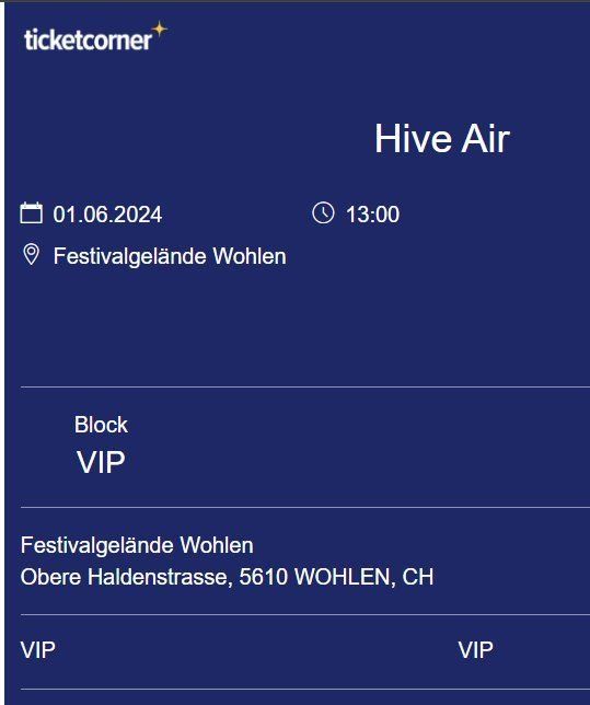 Hive Air VIP tickets (Gebraucht) in Zürich für CHF 170 – mit Lieferung ...
